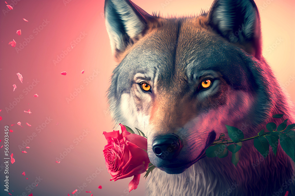 Wolf Holding a Red Rose in Its Mouth. Generative AI. Stock Illustration ...