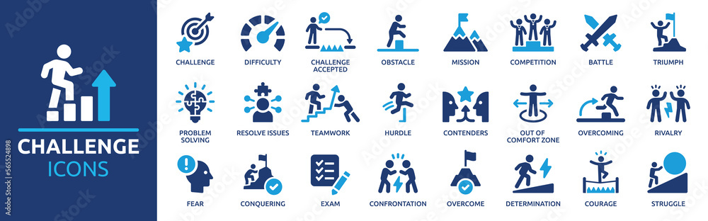 Challenge icon set. Containing mission, competition, obstacle, battle, problem solving, teamwork ...