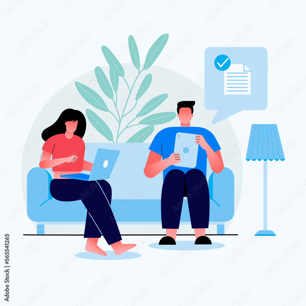 Young Girl & boy Sitting in Sofa. Girl work fo office & boy sending ...