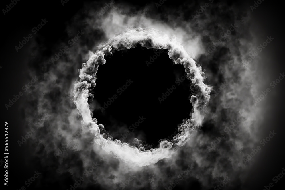 White smoke whirlpool with empty circle frame inside on black ...