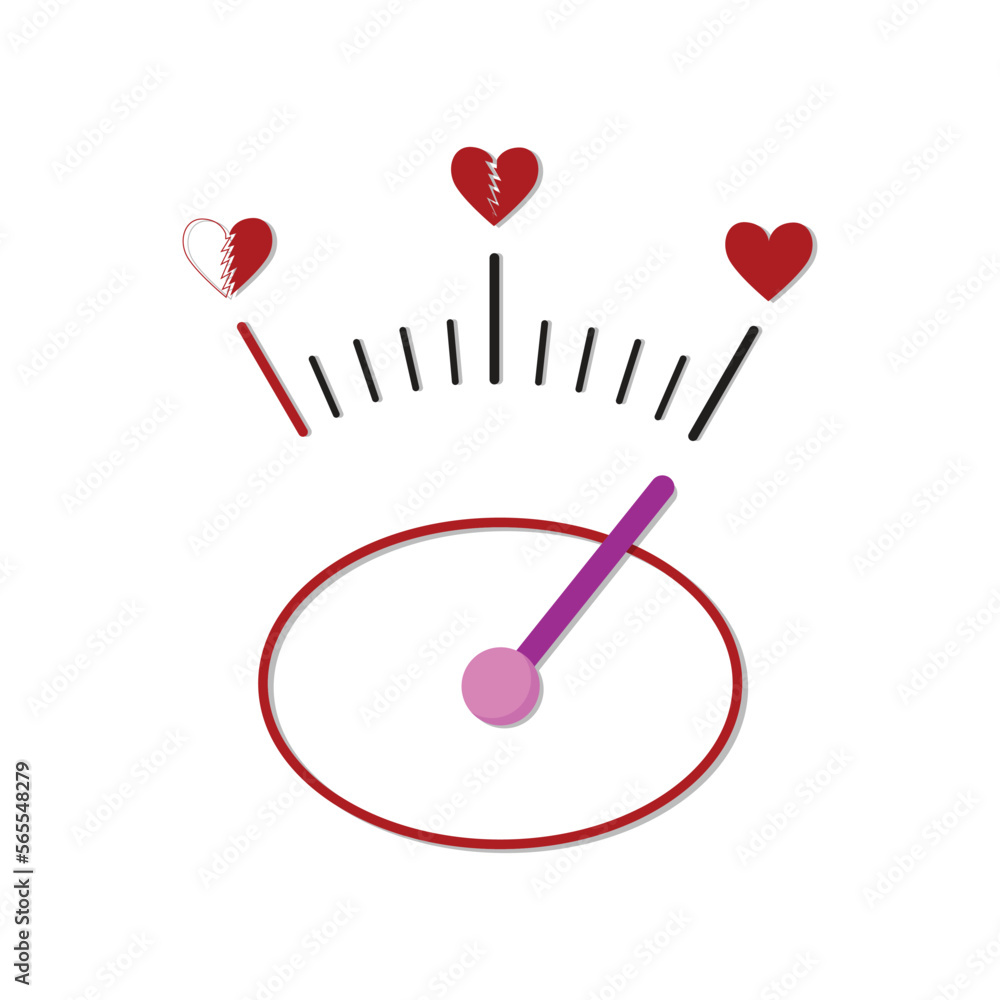 Vector illustration of love in the shape of a speedometer with a red ...