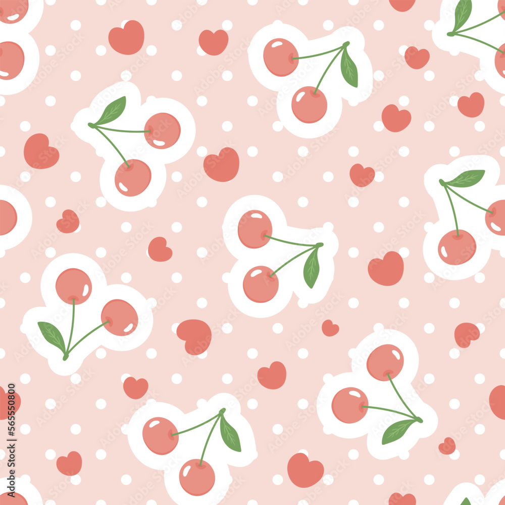 red cute cherries on a polka dot texture with kawaii hearts on a pink ...
