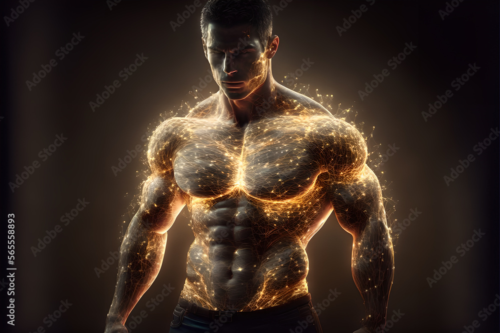 Very muscly and handsome young man made of light and electricity on his ...