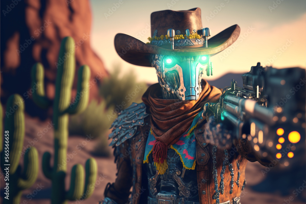Portrait of a cowboy robot in a hat with a gun aiming at the camera ...