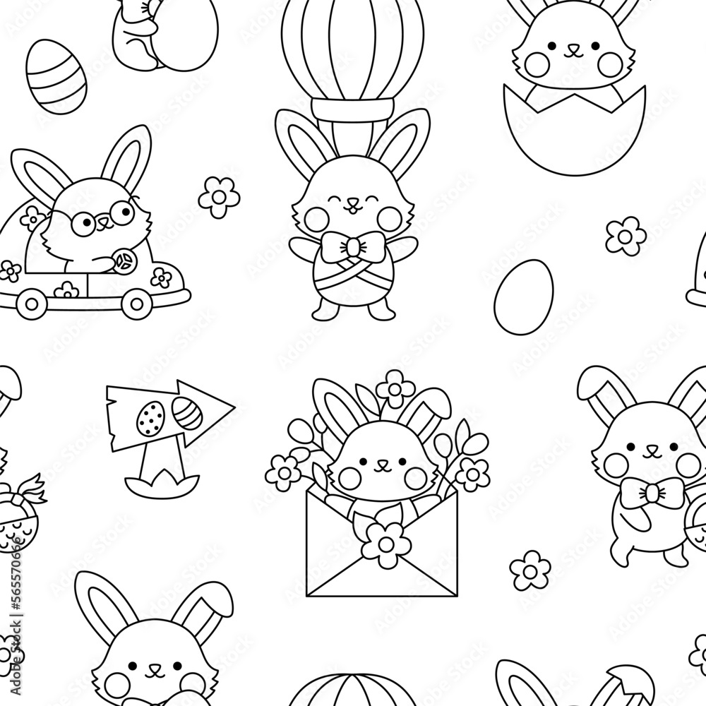 Vector black and white kawaii Easter seamless pattern for kids with ...
