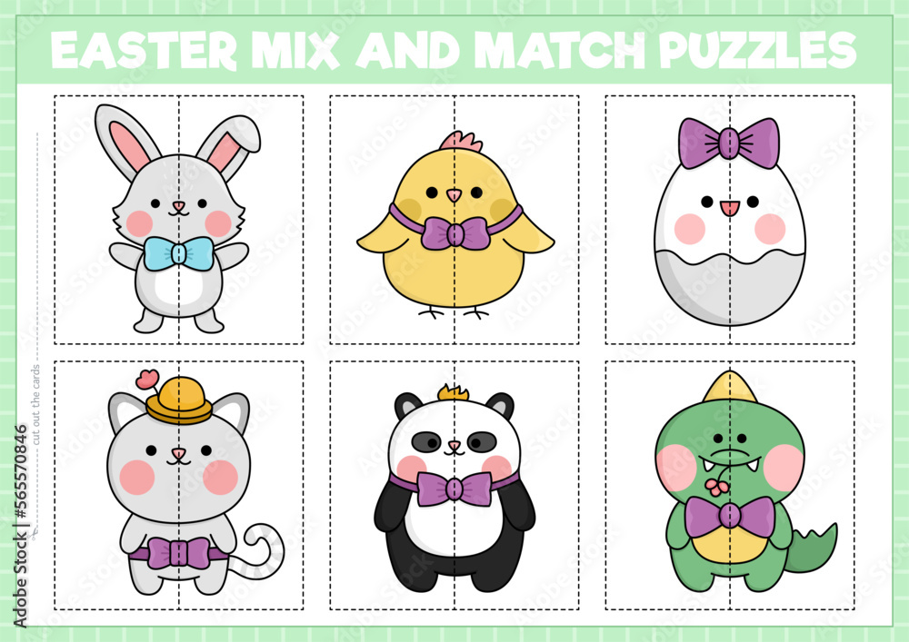 Vector Easter mix and match puzzle with cute kawaii characters ...