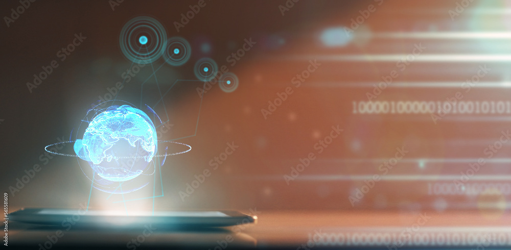 Hologram, fintech or information technology tablet overlay on desk for ...