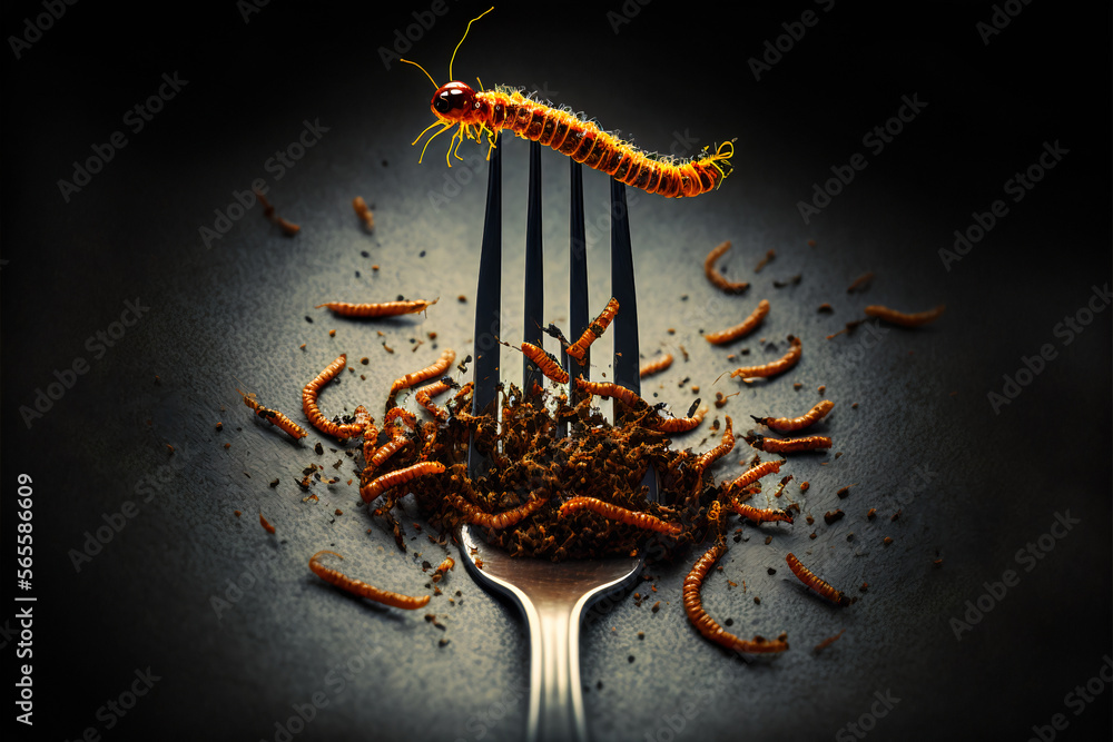 Fried edible insects on the fork. Mealworms as snack, good source of ...
