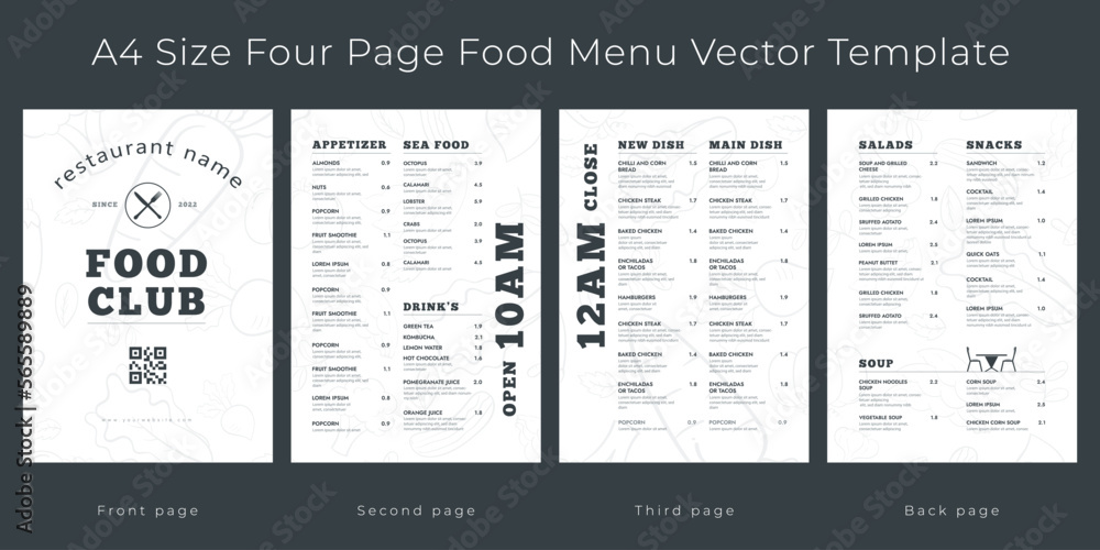 Restaurant cafe menu, template design. A4 size, Four page food menu ...