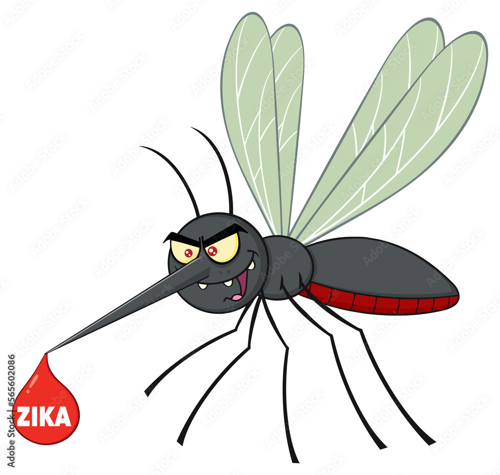 Mosquito Cartoon Character Flying With Blood Drop And Text Zika. Hand ...