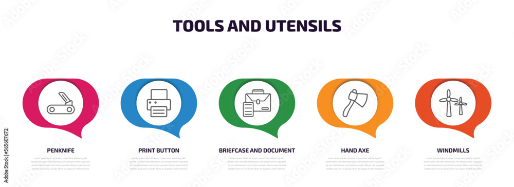 tools and utensils infographic element with outline icons and 5 step or ...