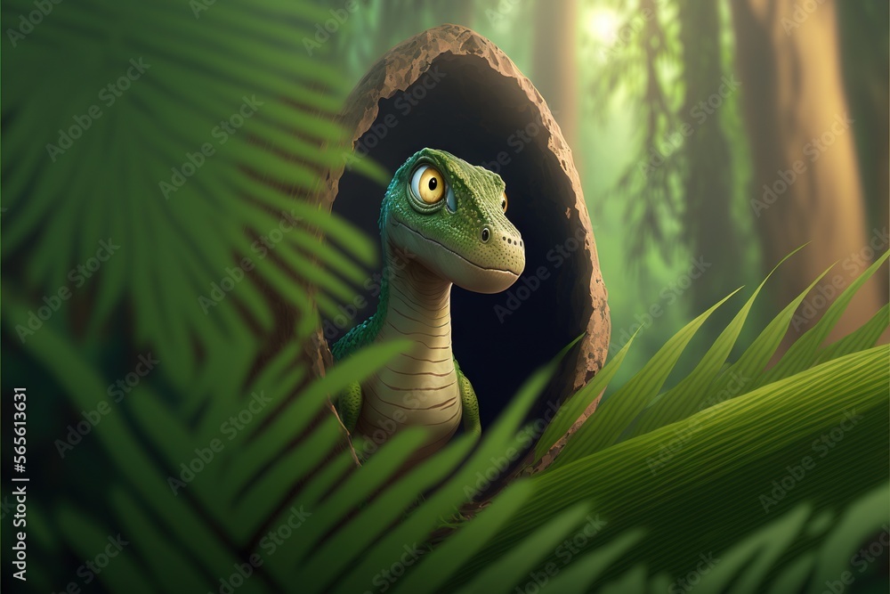a green dinosaur is peeking out of a cave in the jungle with a fern ...