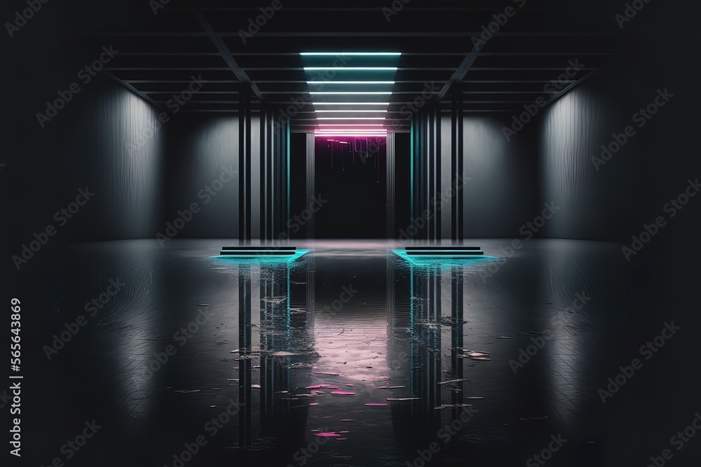 Abstract dark neon geometric background inside a dark empty room and ...