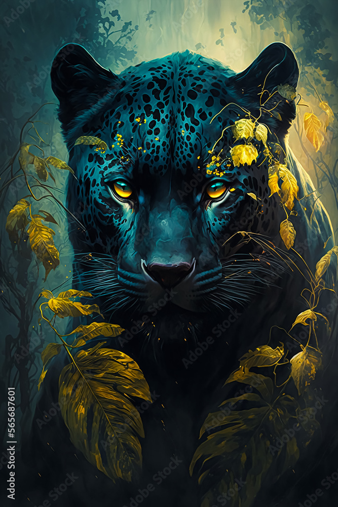 Angry black tiger in jungle. Neon blue color leopard. Generative AI ...