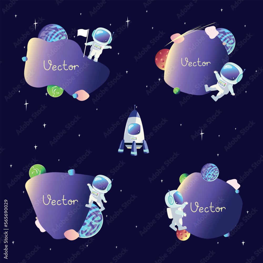 Vector set of space frames with planets in the starry sky, astronaut ...