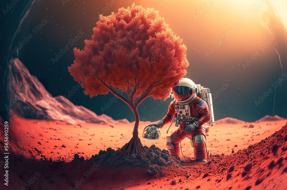 AI Astronaut on Mars waters a sapling tree. Concept of botany on Mars ...