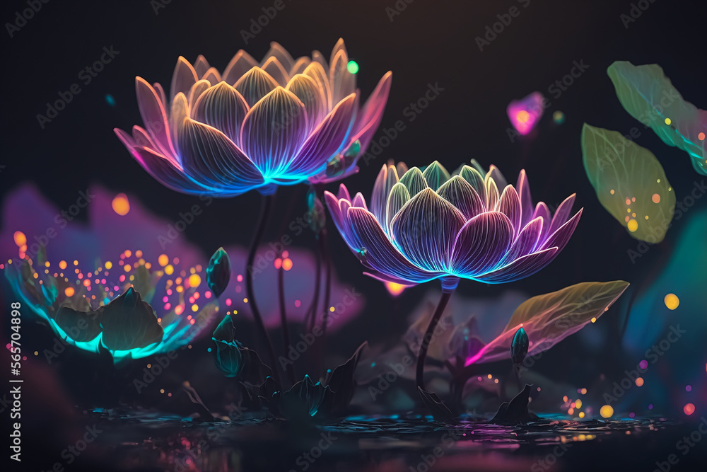 Neon Lotus Flowers. Generative AI Stock Illustration | Adobe Stock