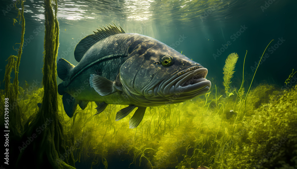Predatory fish Largemouth bass in habitat under water looking for prey ...