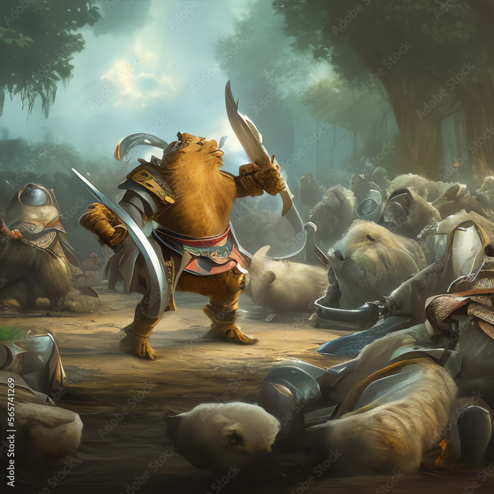 AI generated mythical hairy fighter winner on the battlefield with many ...