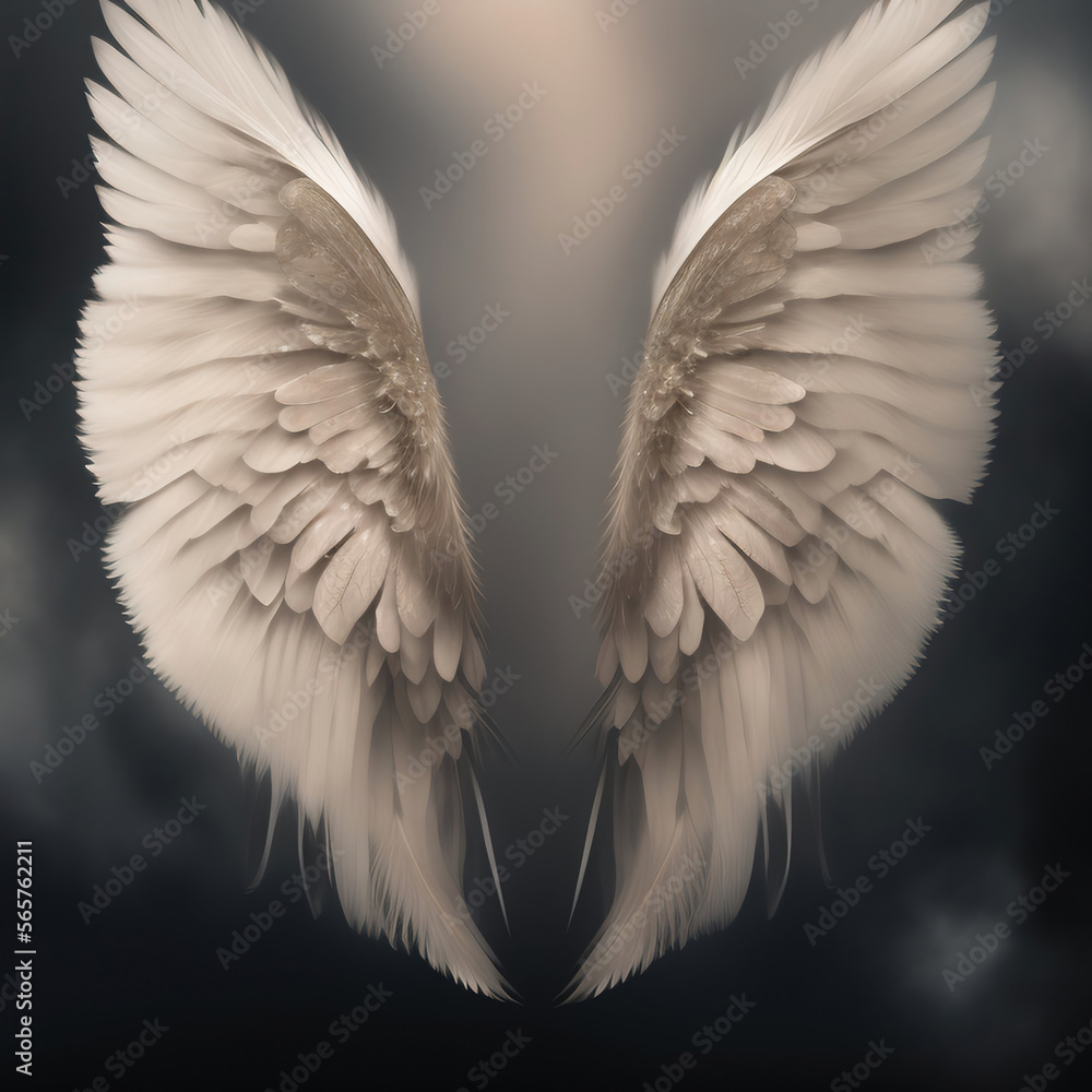 Generative AI: Dream like, realistic angel wings background with a white wing of a bird Stock ...
