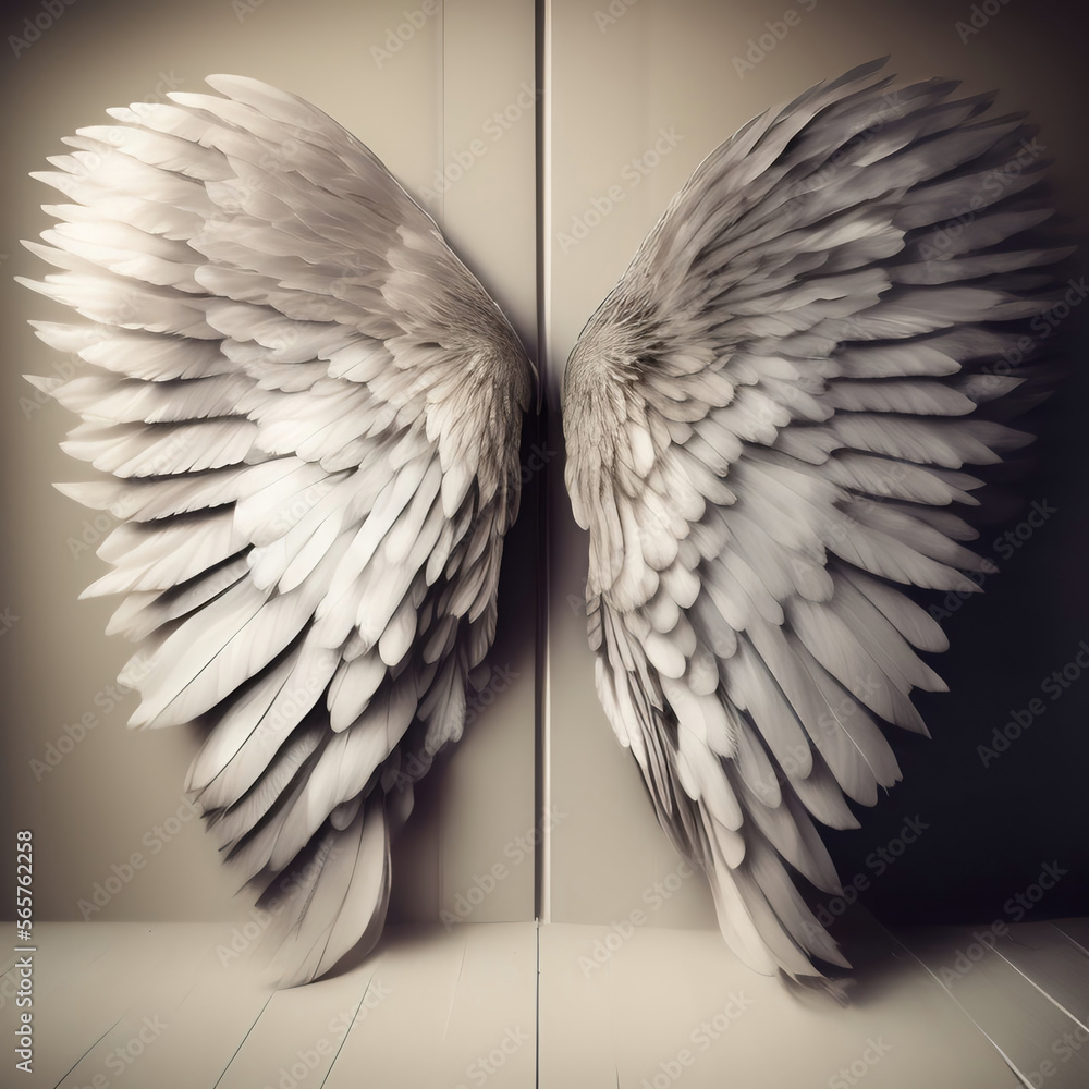 Generative AI: Dream like, realistic angel wings background with a white wing of a bird Stock ...