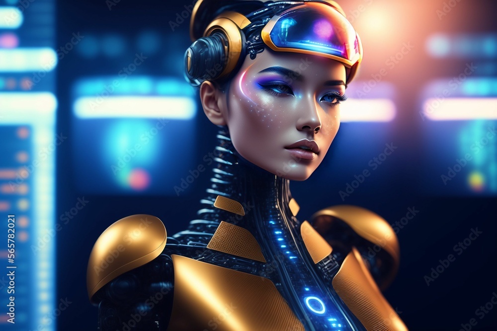 Artificial Intelligence in Action: Humanoid Cyber Girl with Neural Network Processing Big Data ...