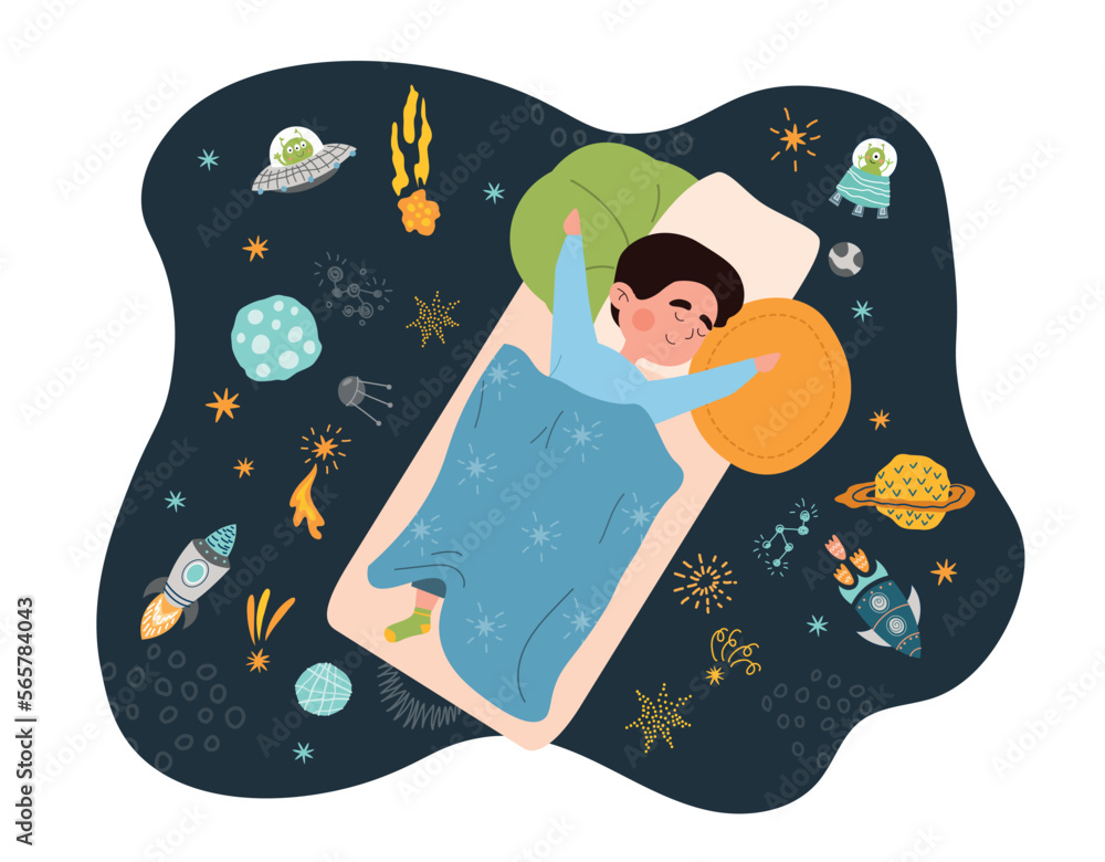 Childs happy night dreams. Boy lying on bed under covers against ...