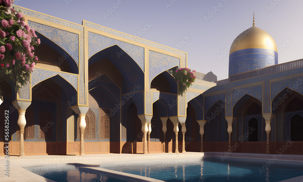 Persian architecture temple volume atrium light full of rose hanging ...