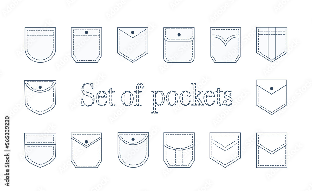 Pocket patches. Textile uniform blue pockets shapes for clothes bag ...