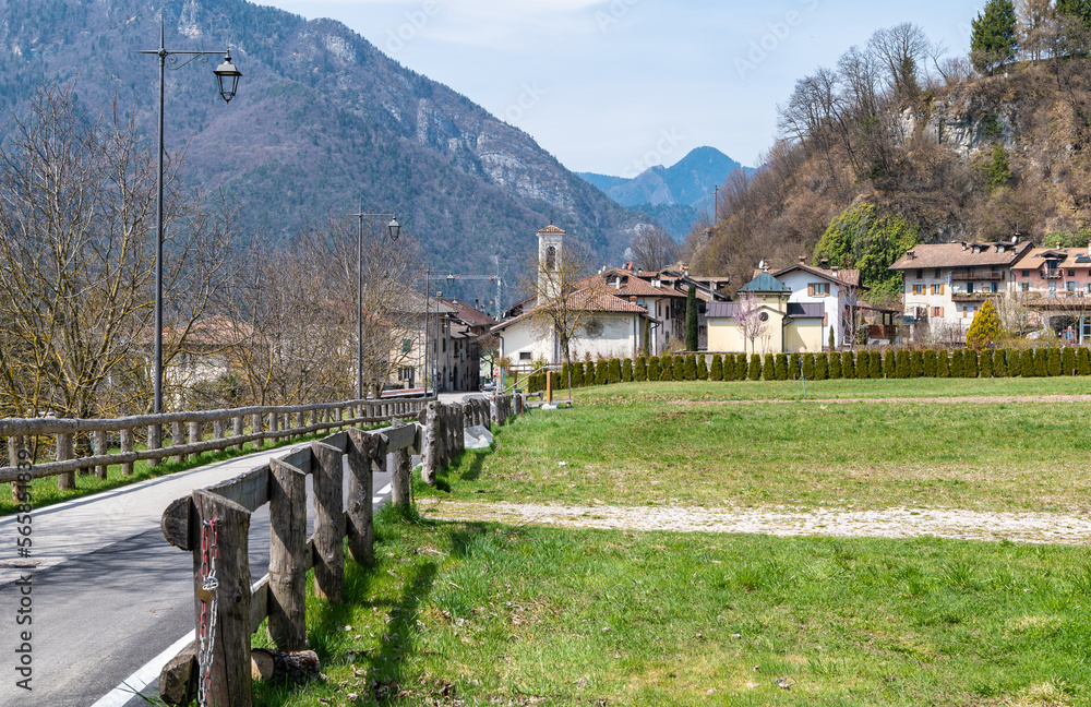 Mezzolago village near Ledro lake in Ledro Valley. Spring landscape ...