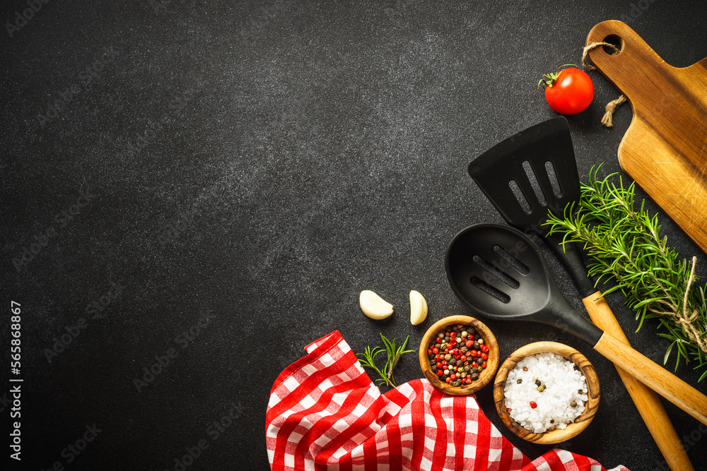 Food background. Kitchen utensils, wooden cutting board and food ...