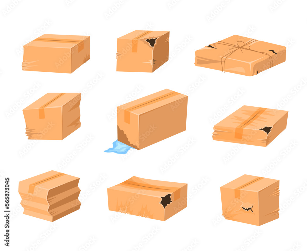 Cartoon Color Different Damaged Cardboard Boxes Set Broken and Crumpled ...