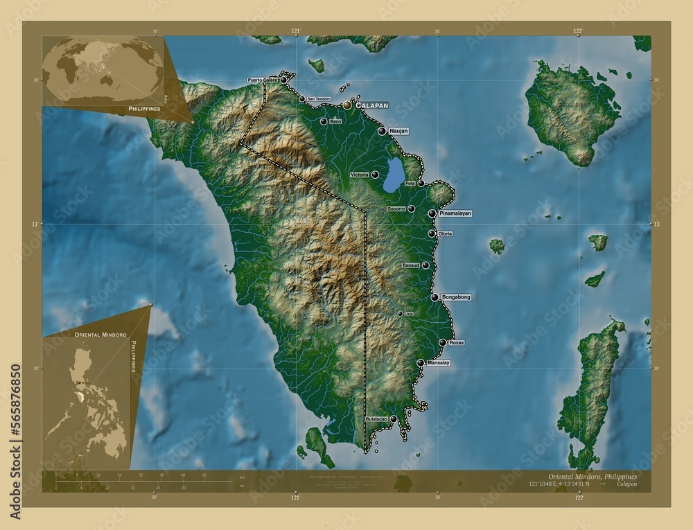 Oriental Mindoro, Philippines. Physical. Labelled points of cities ...