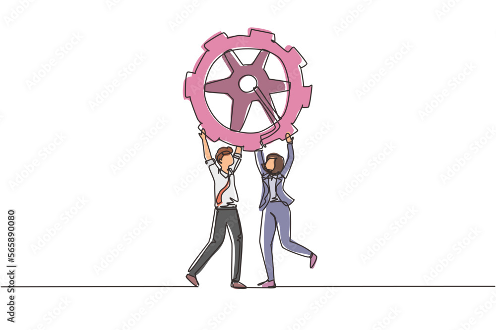 Single continuous line drawing collaboration. Man and woman lifting ...