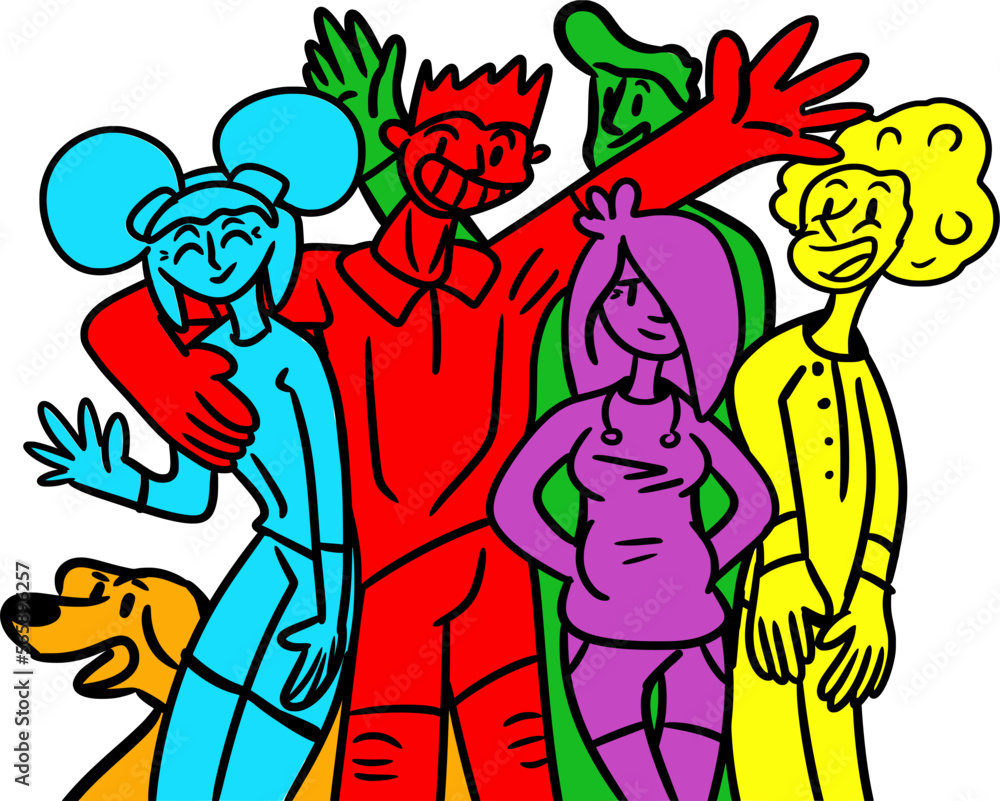 Vector drawing of group of five people three mans and two girls and dog ...