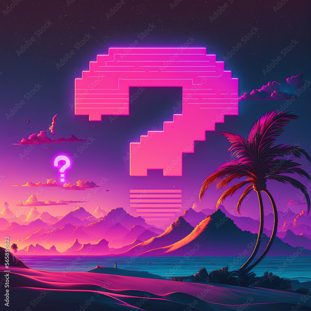 Retrowave question mark, gaming style 80', 90', gaming process ...