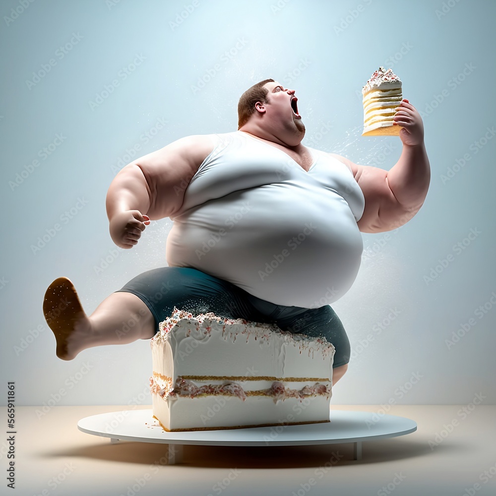 Fat man eating cakes, sitting on a creamy pie, Ai Generative Stock ...