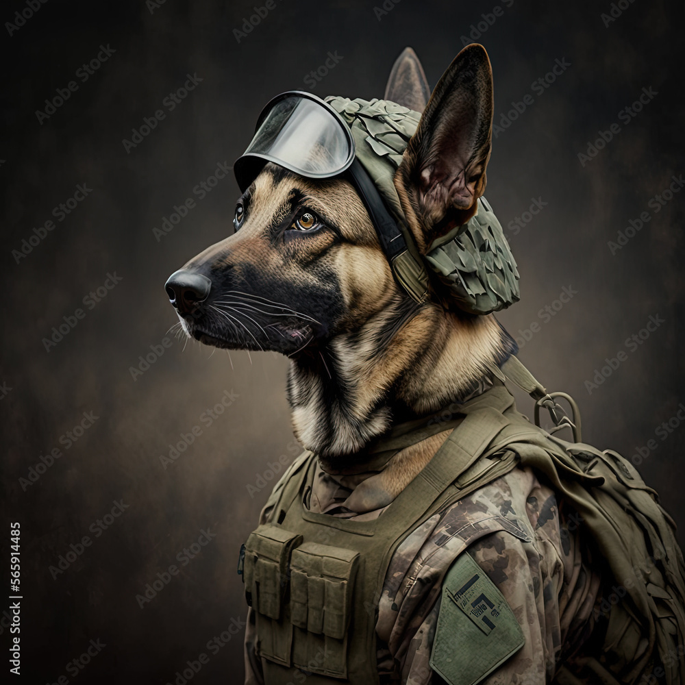 Studio portrait of dog soldier wearing a army uniform. Generative AI ...