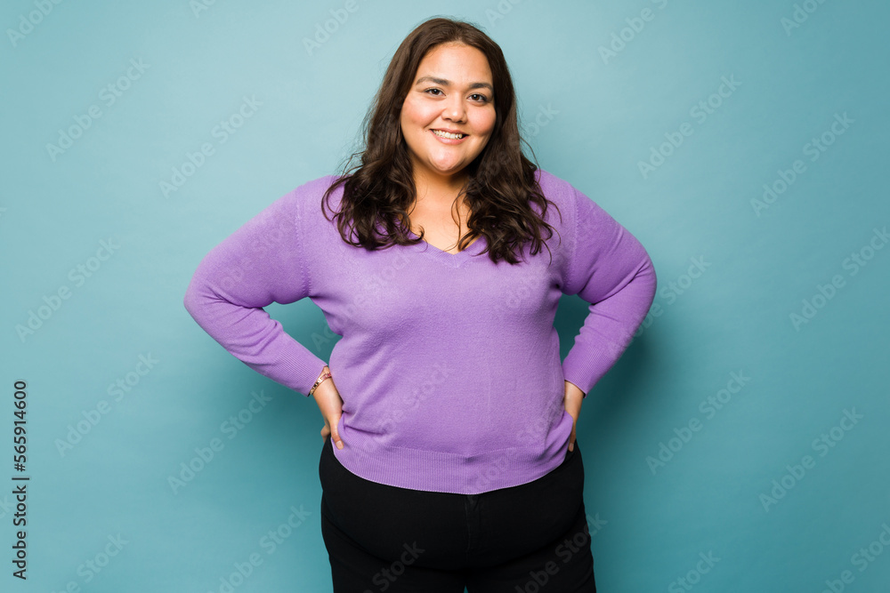 Beautiful obese woman smiling making eye contact Stock Photo | Adobe Stock