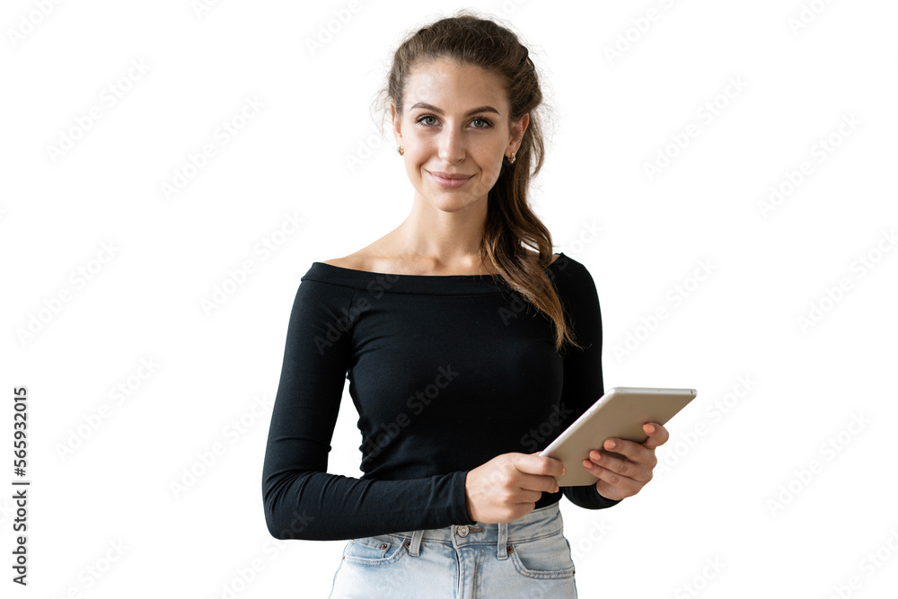 A beautiful woman in the office doing online work using a laptop in the ...