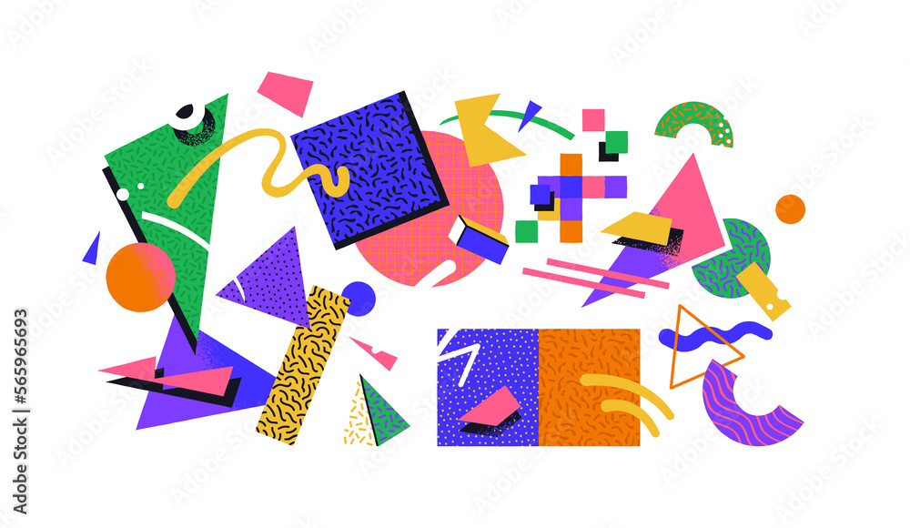 Colorful 90s style geometric shape set. Trendy flat cartoon collection ...