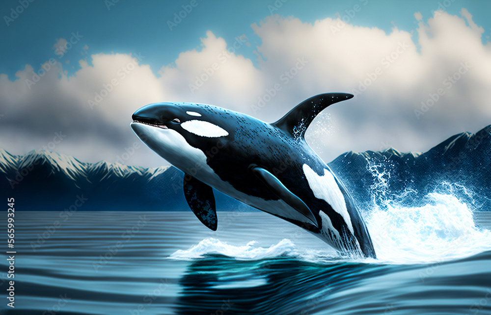 Wild Orca whale aka killer whale jumping out of cold ocean water. Snow ...