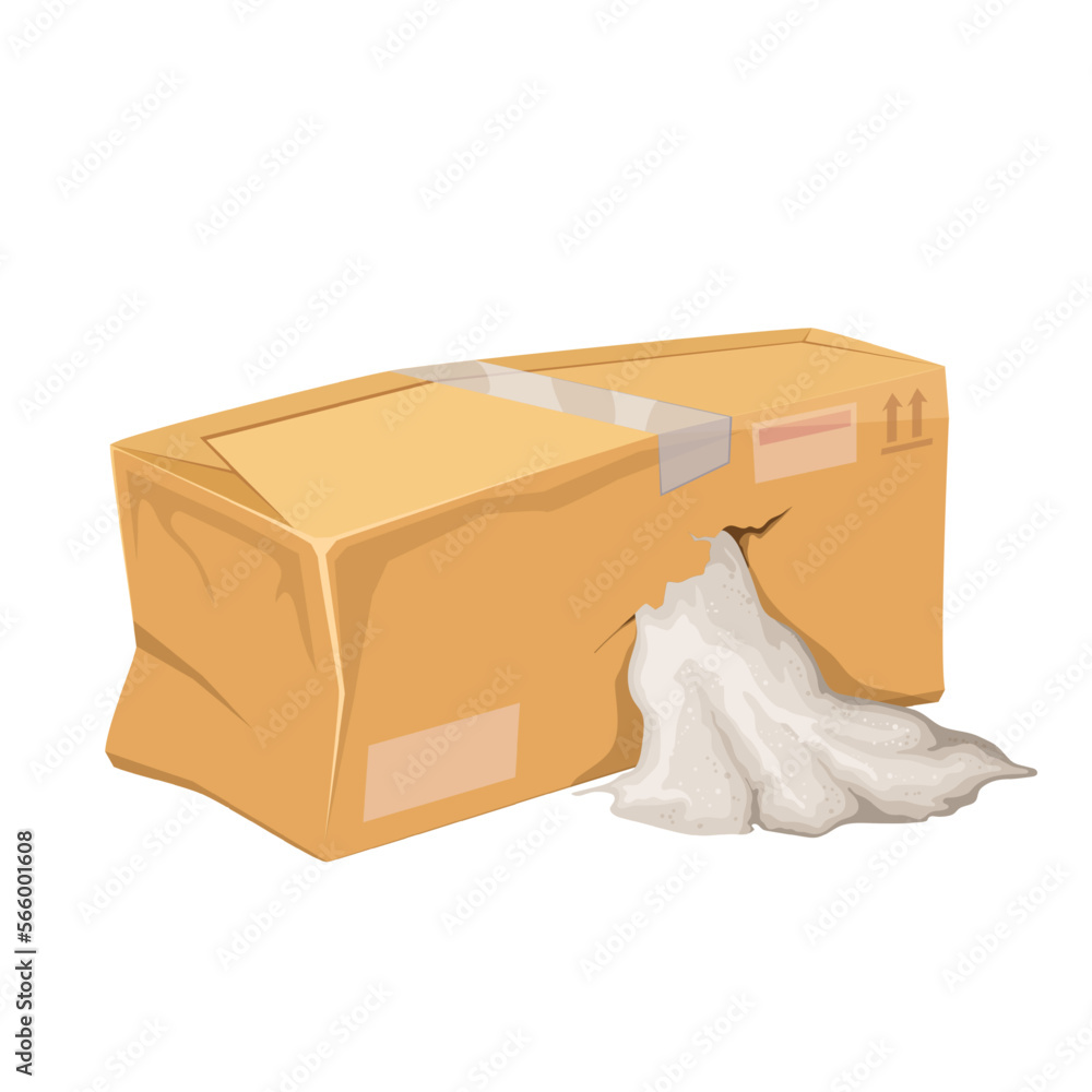 Cardboard torn broken box with leaking bulk product from hole vector illustration. Cartoon ...