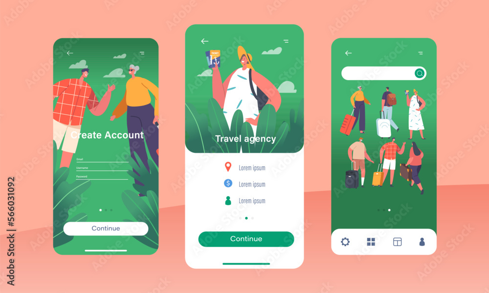 Travel Agency Mobile App Page Onboard Screen Template. People ...