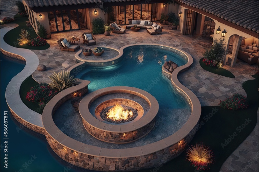 Pool with a built-in hot tub and a fire pit nearby, concept of Relaxation and Luxury, created ...