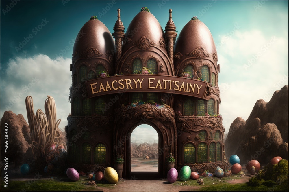 Chocolate factory in fantasy world, giant easter egg factory, digital ...