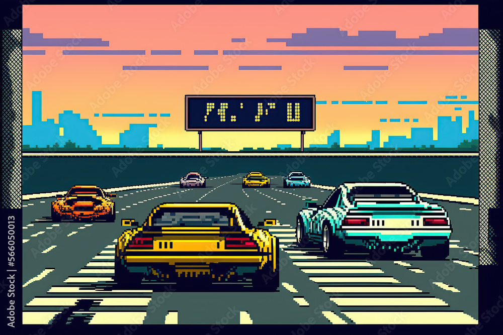 A car race on an racetrack, Retro computer games level. Pixel art video ...