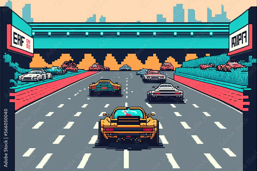 A car race on an racetrack, Retro computer games level. Pixel art video ...