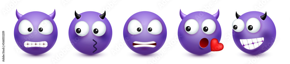 Image vectorielle Stock Cartoon emoji, emoticons collection. Violet ...