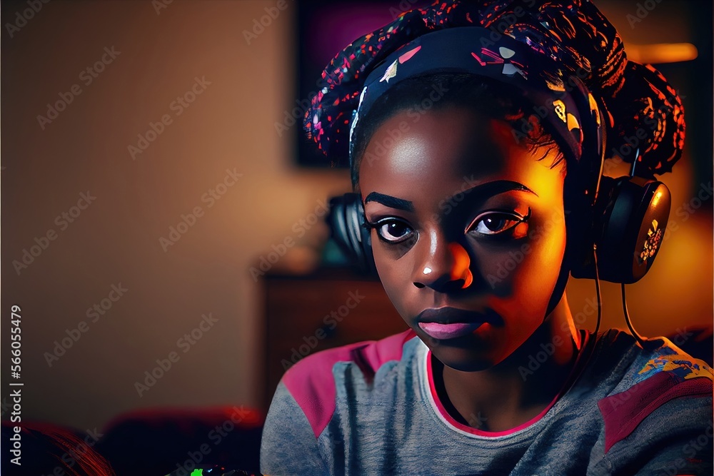 young 25-year-old gen Z black female gamer playing video games using an ...